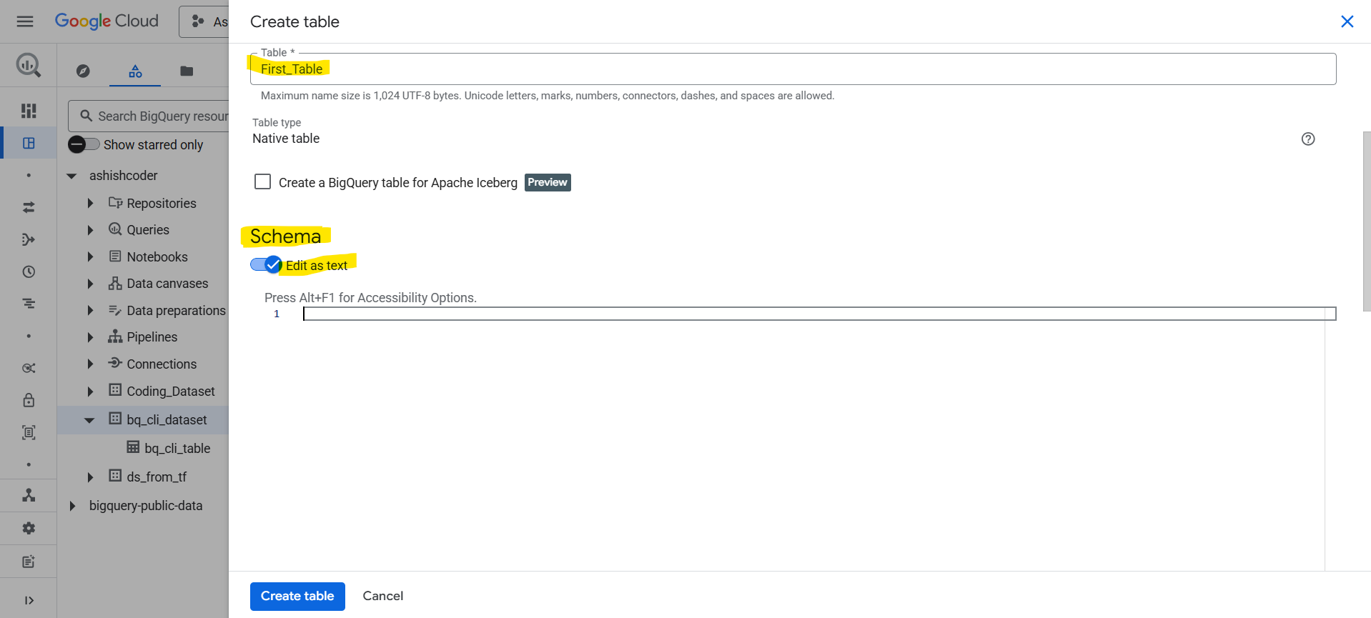 Create table in BigQuery - Ashish Coder